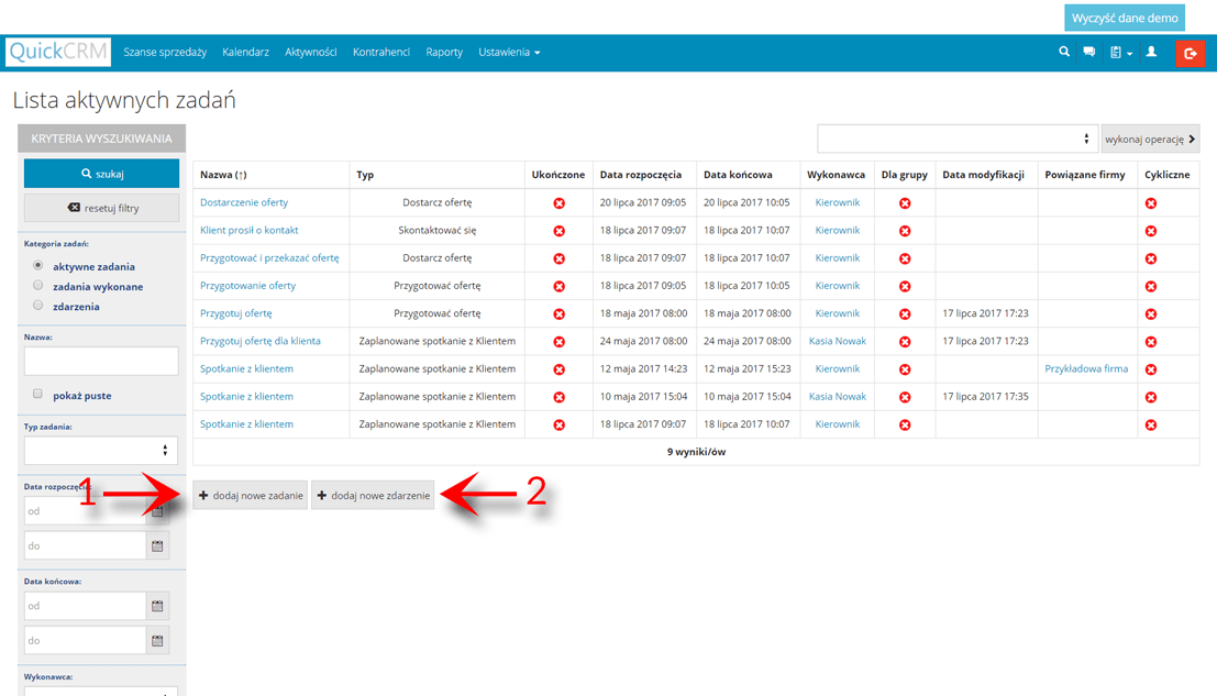 Pomoc - lista aktywności w prostym systemie CRM - QuickCRM - Quick CRM